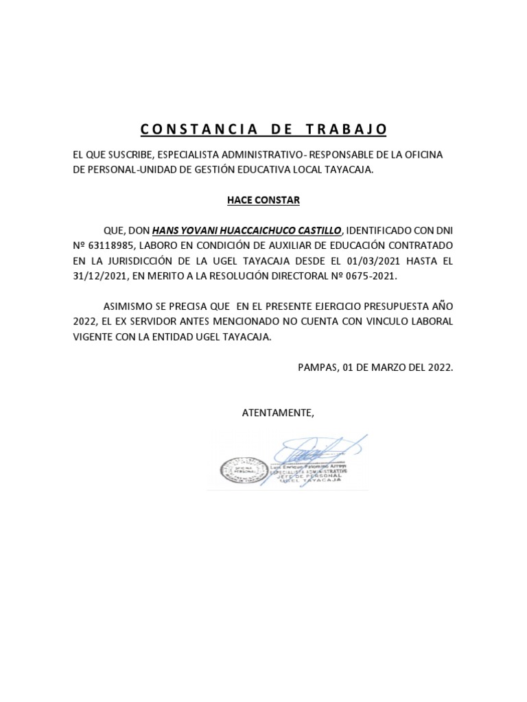 Constancia de Trabajo: Hace Constar | PDF