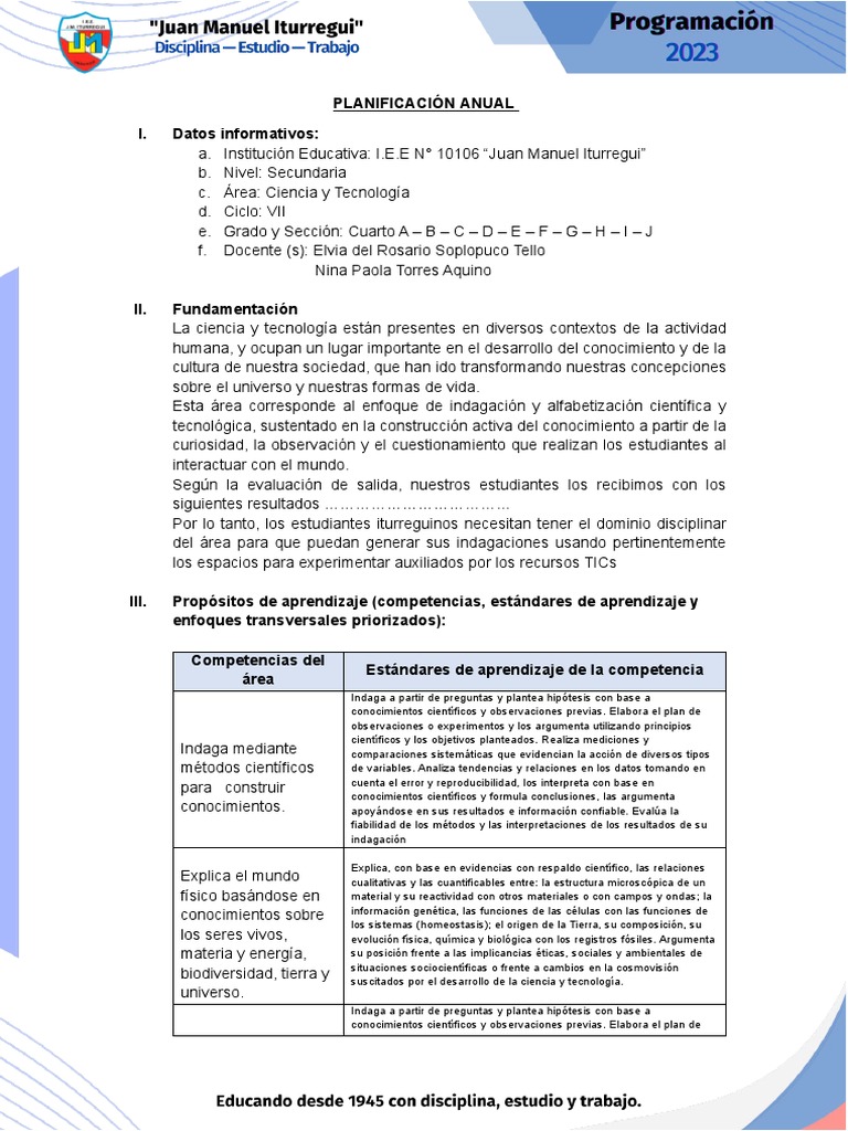 Esquema Planificacion Anual - C y T - Cuarto 2023 | PDF | Aprendizaje | Experimentar