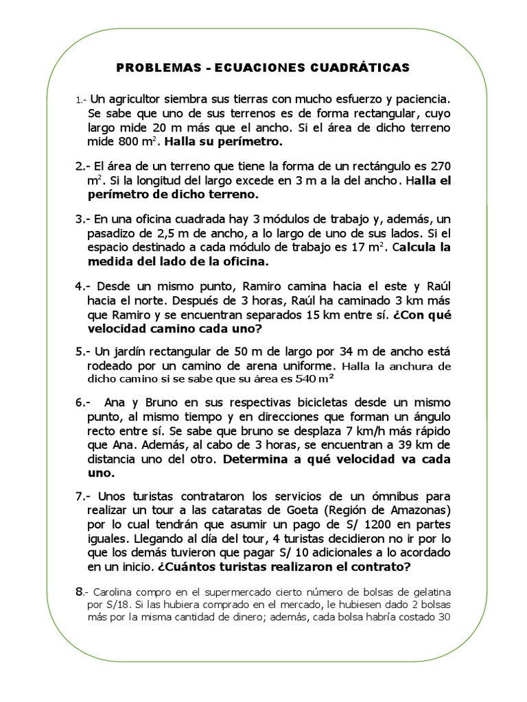 Problemas Ecuaciones Cuadraticas | PDF