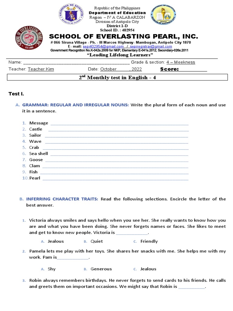 Grade 4 English Assessment Test | PDF | Linguistics
