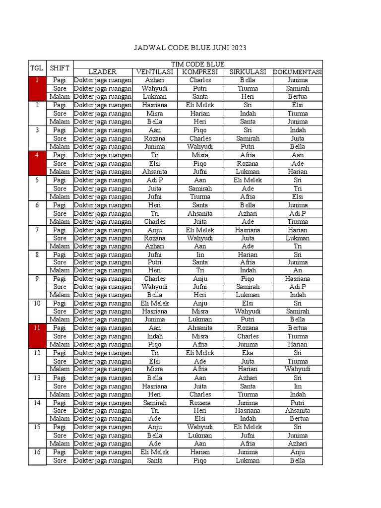 Jadwal Code Blue Juni 2023 | PDF