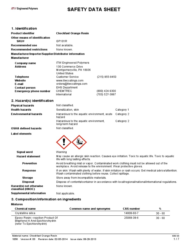 Chockfast Orange Safety Data Sheet | PDF | Dangerous Goods | Waste