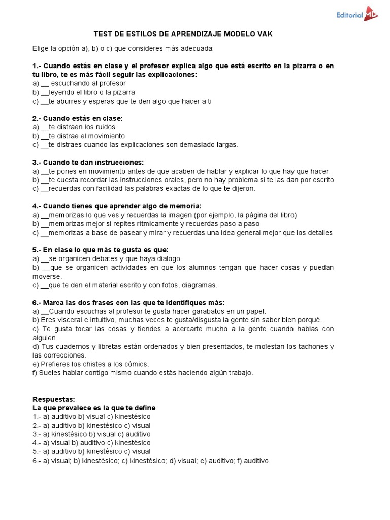 Test de estilos de aprendizaje Modelo VAK | PDF