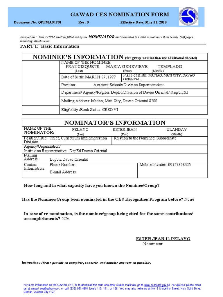 Revised Gawad CES Nomination Form With Group | PDF