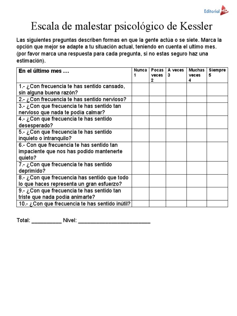Escala de Malestar Psicol Gico de Kessler | PDF