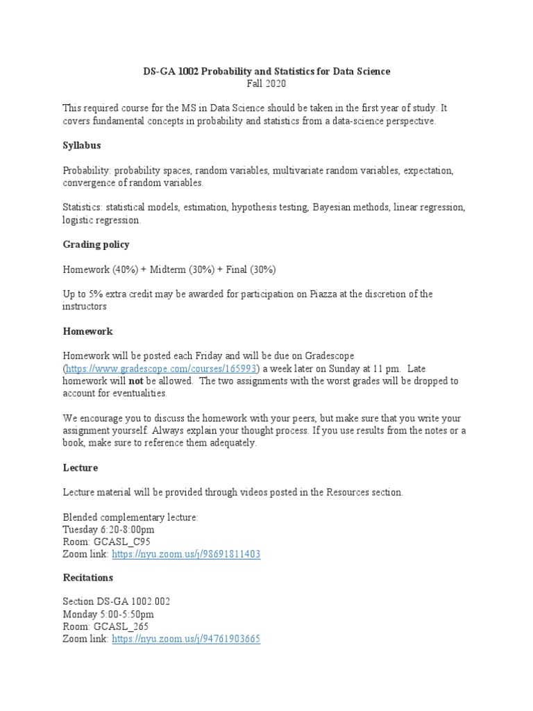 Fall 2020 DS-GA 1002 Syllabus | PDF | Statistics | Regression Analysis