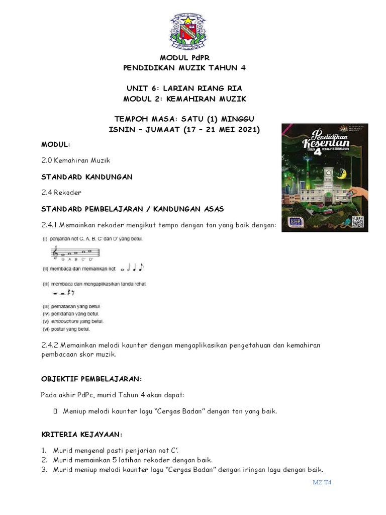 MODUL PDPR MUZIK TAHUN 4 - UNIT 6 REKODER | PDF