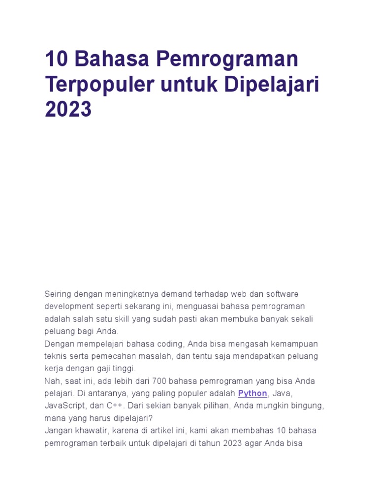 10 Bahasa Pemrograman Terpopuler Untuk Dipelajari 2023 | PDF | Komputer