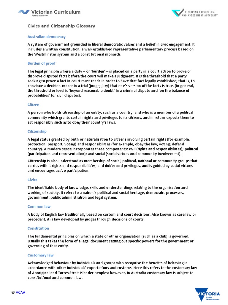 Civics and Citizenship Terms Explained | PDF | Social Science