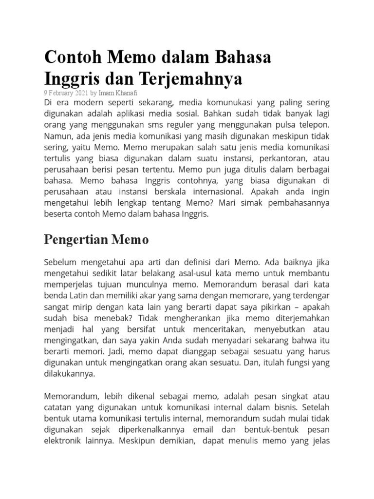 Contoh Memo Dalam Bahasa Inggris Dan Terjemahnya | PDF