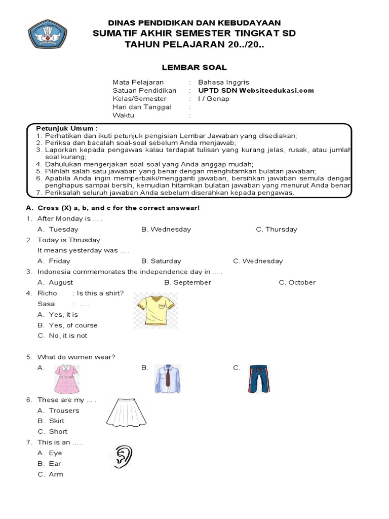 Soal SAS 2 Kelas 1 - Bahasa Inggris | PDF