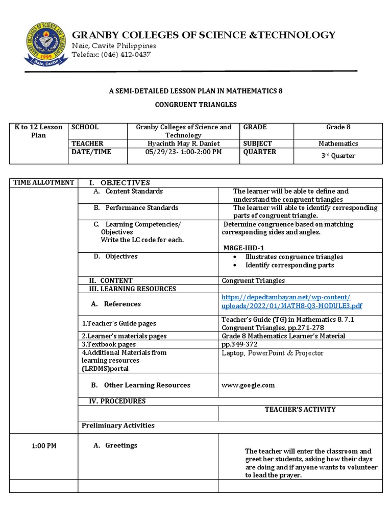 Semi Detailed Lesson Plan | PDF | Triangle | Elementary Mathematics