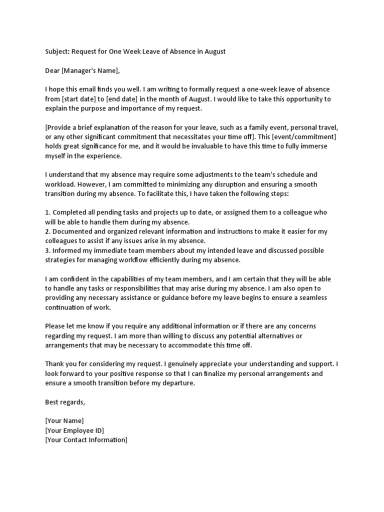 Subject - Request For One Week Leave of Absence in August | PDF