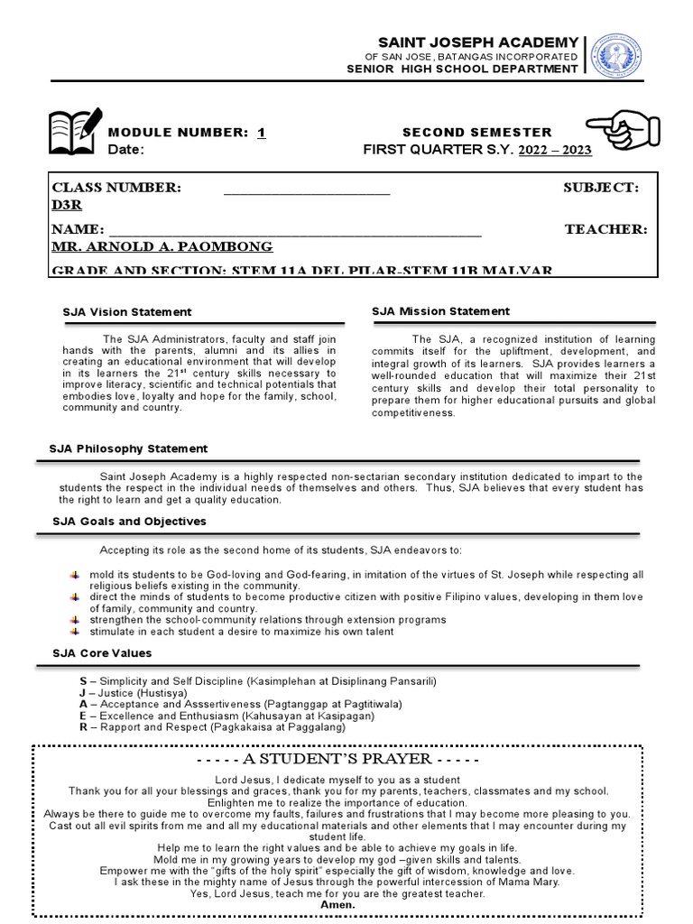 Paombong - D3R - Mod 1 - Second Semester - First Quarter - Stem 11 Del Pilar - Stem 11 Malvar ...