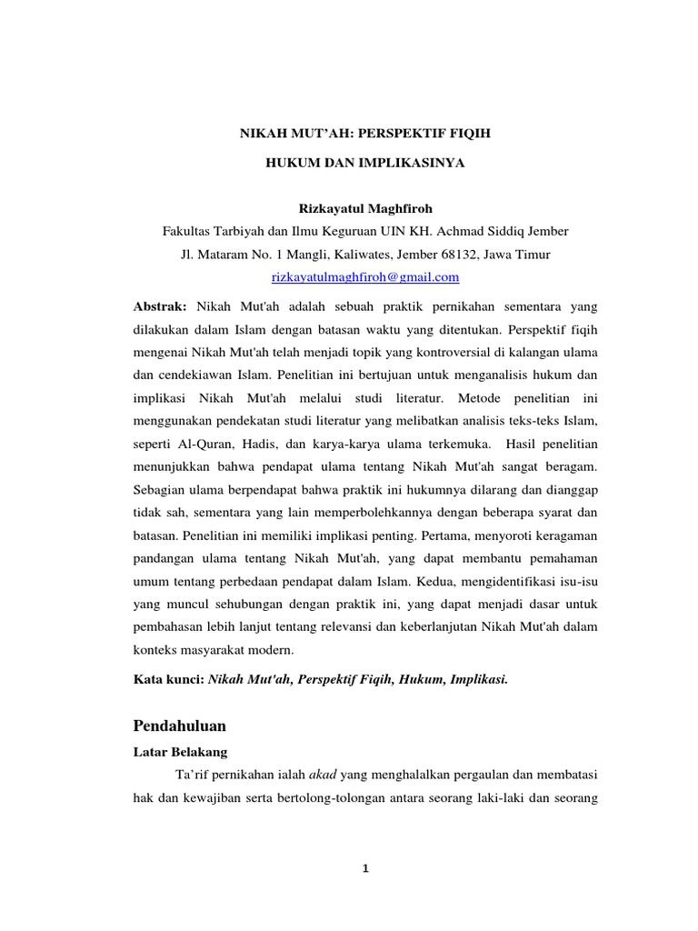 Jurnal Nikah Mut'ah: Perspektif Fiqh Hukum Dan Implikasinya | PDF