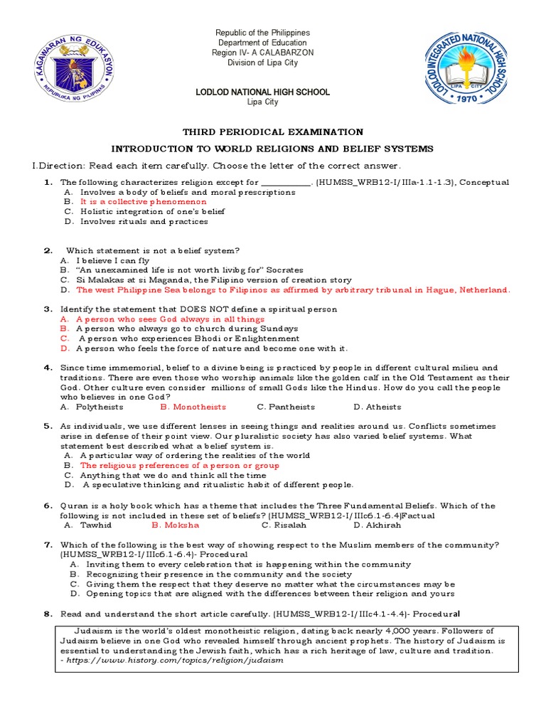 World Religions Exam: Key Concepts | PDF | God | Monotheism