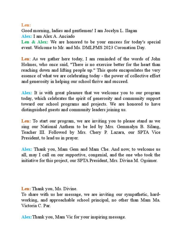 Mr. and Ms. DMLPMS 2023 Script | PDF