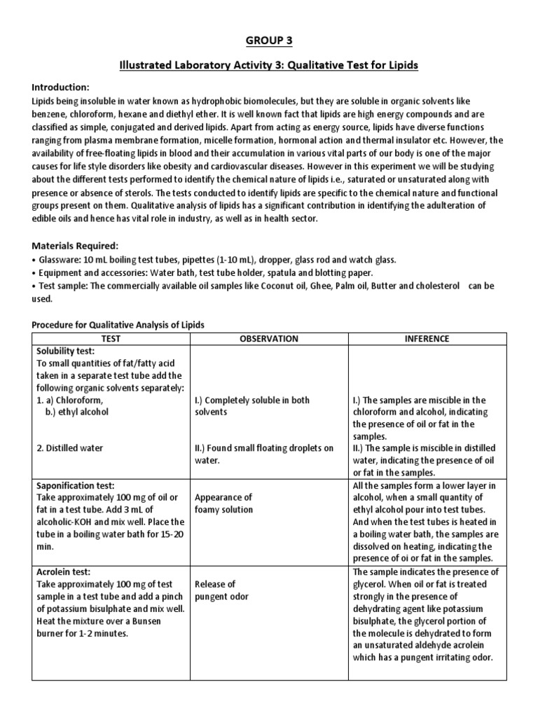 GROUP 3 Qualitative Test For Lipids | PDF | Lipid | Chemical Substances
