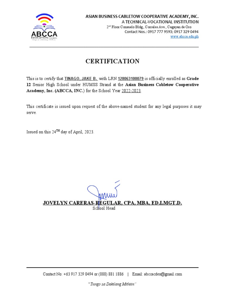 Certification: Asian Business Cabletow Cooperative Academy, Inc | PDF | Business | Finance ...