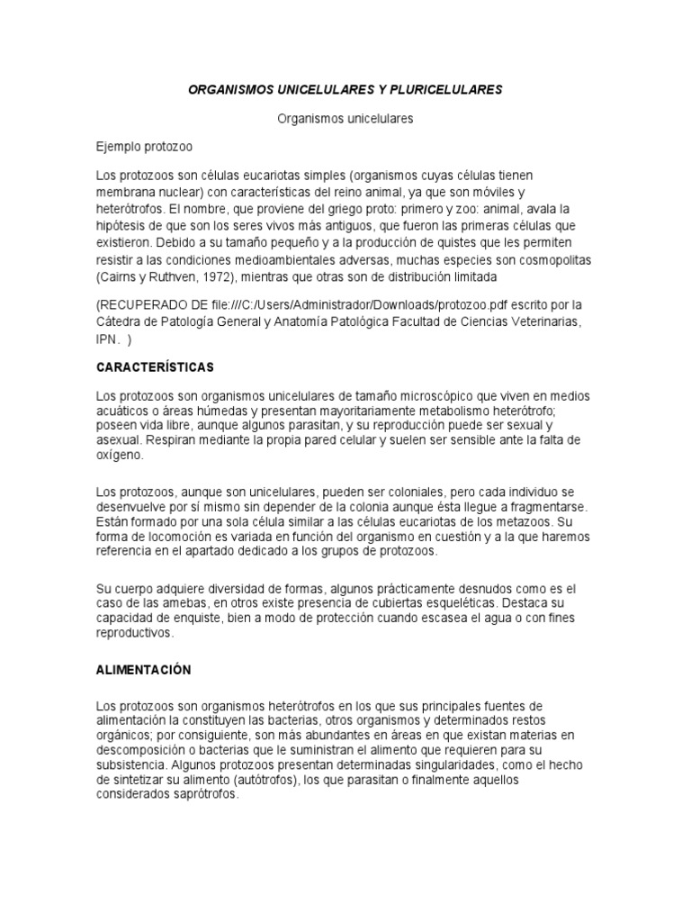 Organismos Unicelulares y Pluricelulares | PDF | Protozoos | Biología ...