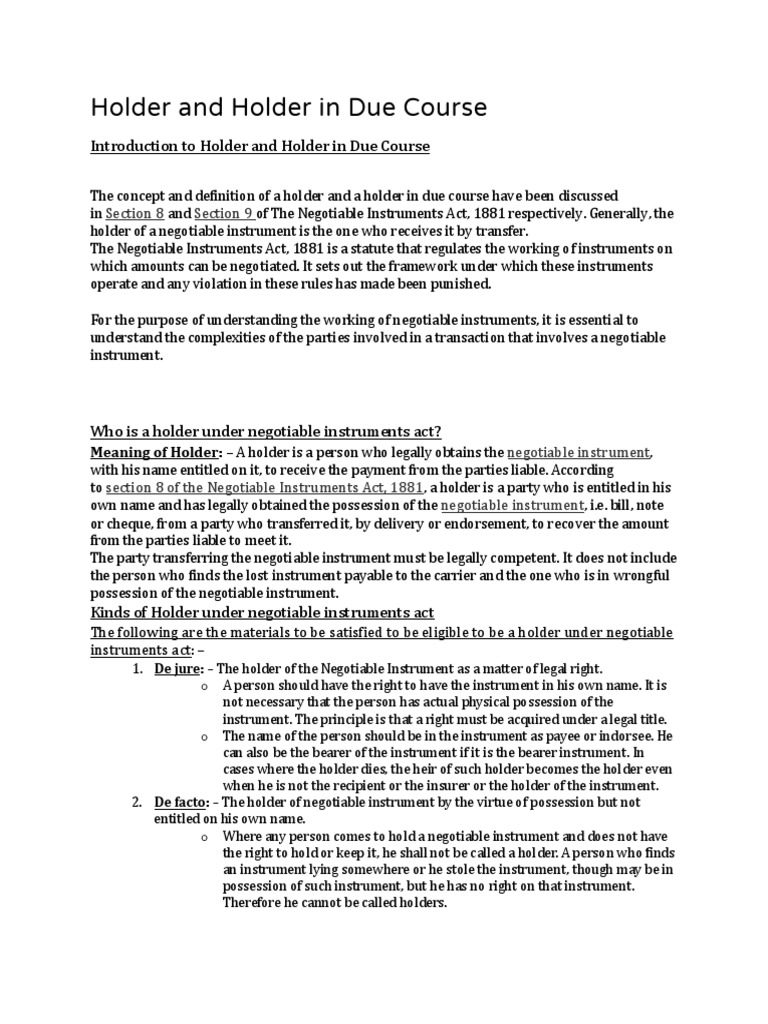 Holder vs. Holder in Due Course Explained | PDF | Negotiable Instrument ...