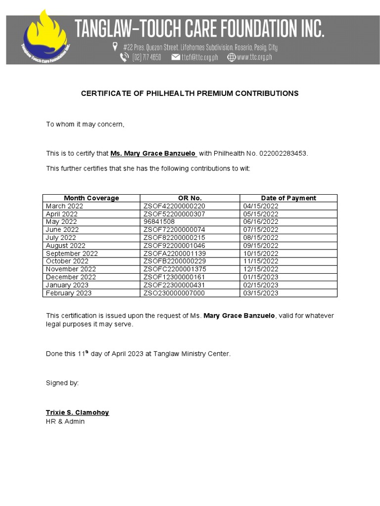 PhilHealth Contribution Certificate Sample | PDF