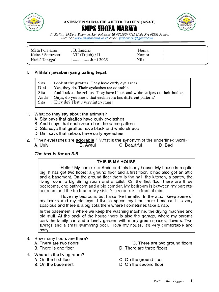 Soal PAT B.ING Kelas 7 Genap 2023 | PDF