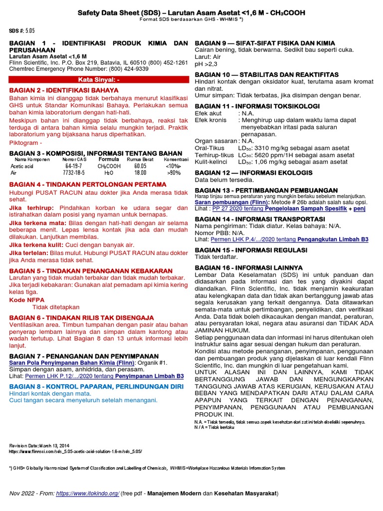 SDS - Larutan Asam Asetat - 1,6 M - CH3COOH | PDF