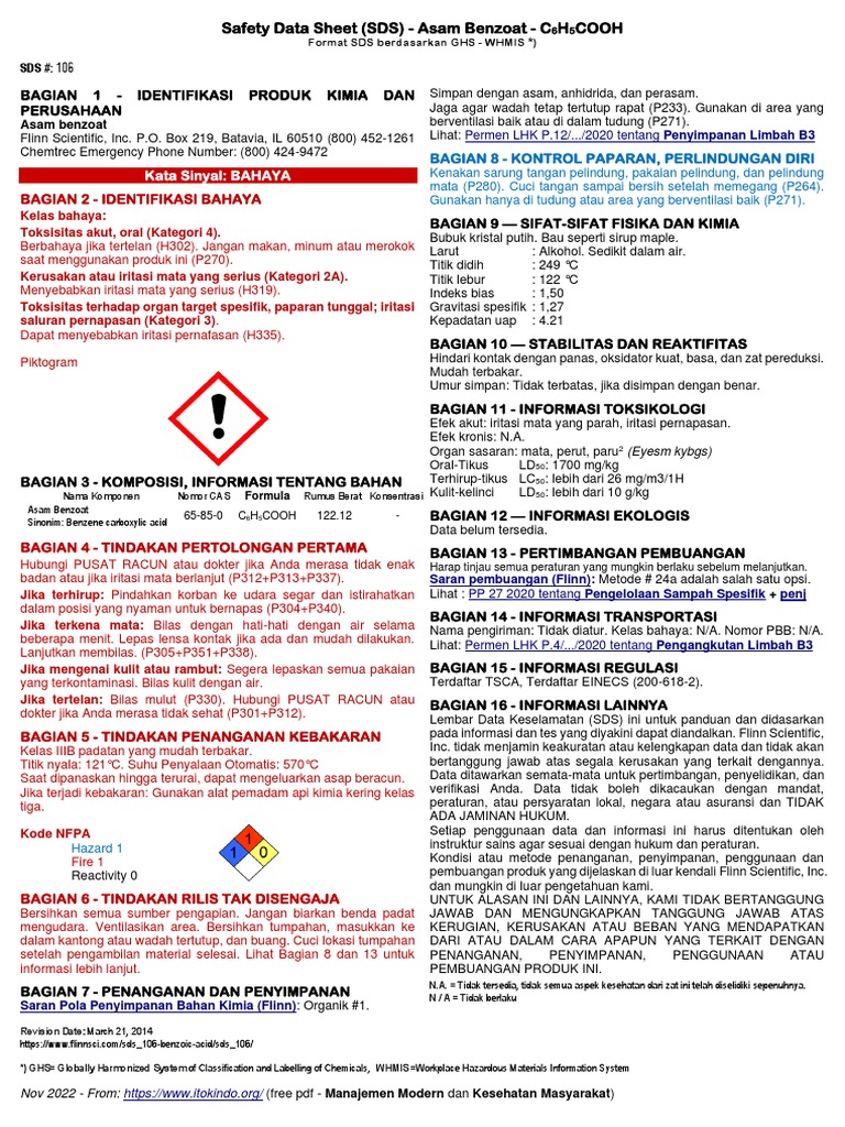 SDS - Asam Benzoat - C6H5COOH | PDF