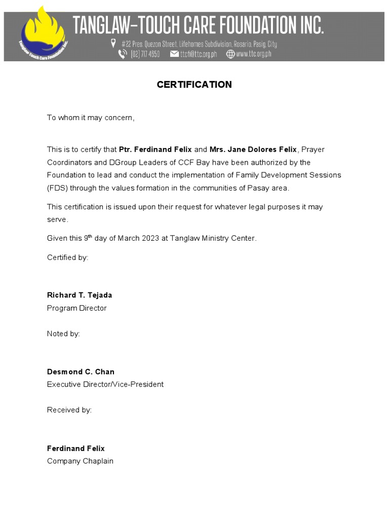 CERTIFICATION OF IMPLEMENTATION | PDF