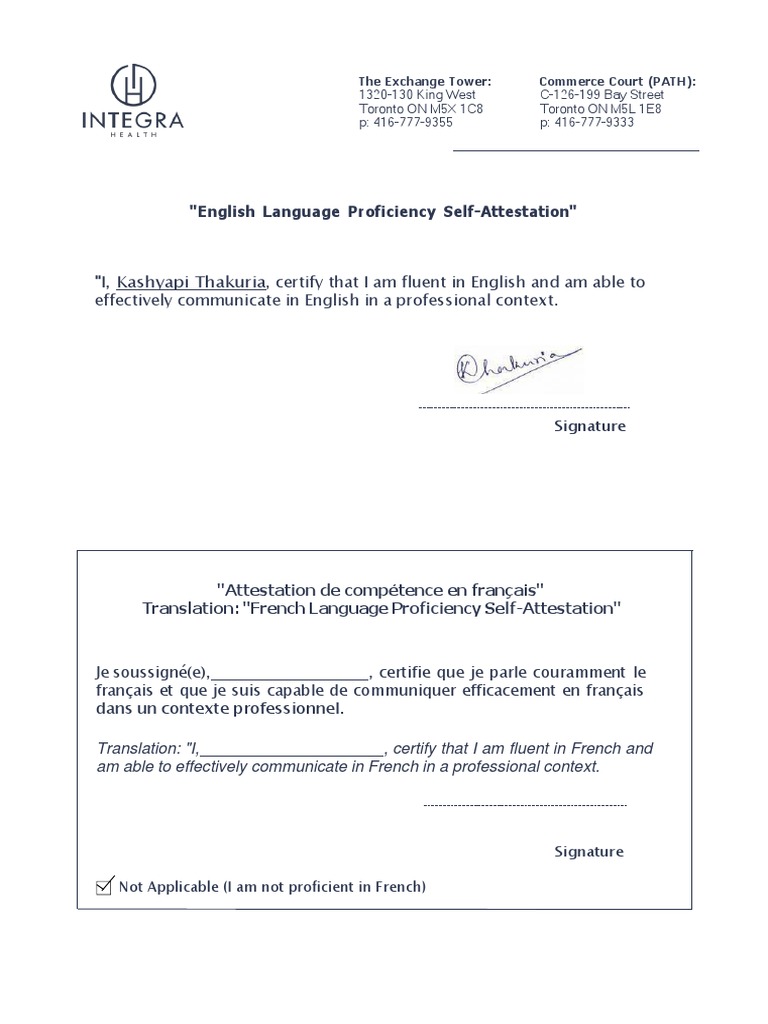 English Language Proficiency Self-Attestation | PDF