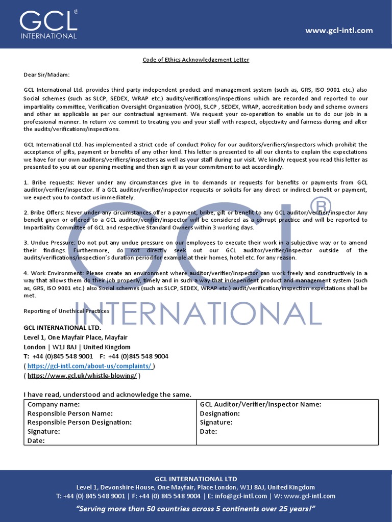 Code of Ethics Acknowledgement Letter 06-2022 | PDF | Audit | Bribery