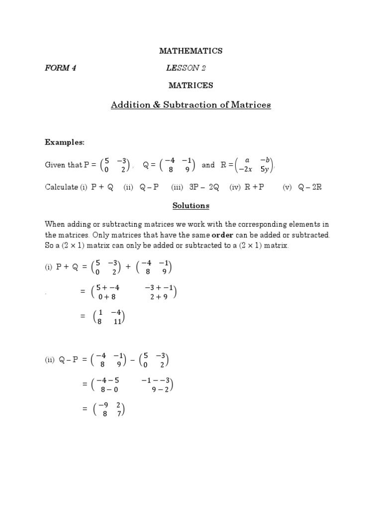 Addition And Subtraction Of Matrices Download Free Pdf Matrix Mathematics Functions And