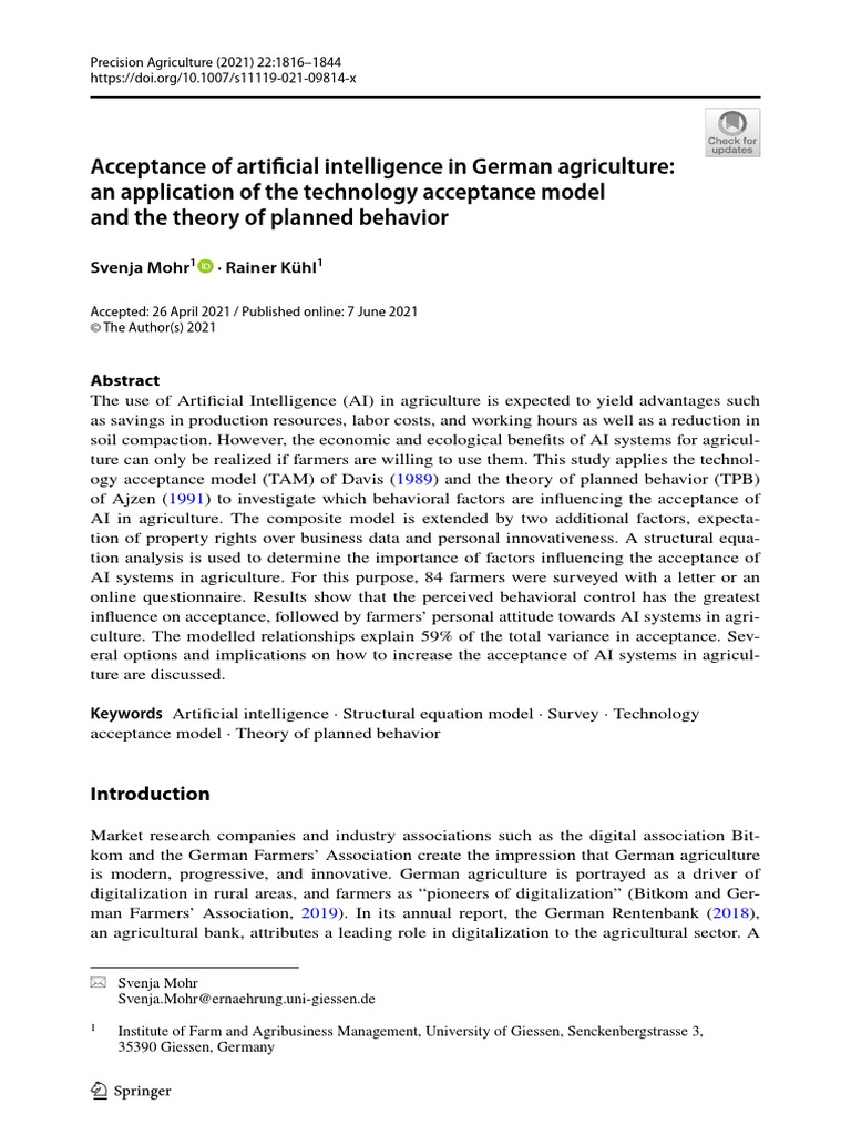 Acceptance of Artificial Intelligence in German Agriculture An ... Acceptance of Artificial Intelligence in German Agriculture An ...