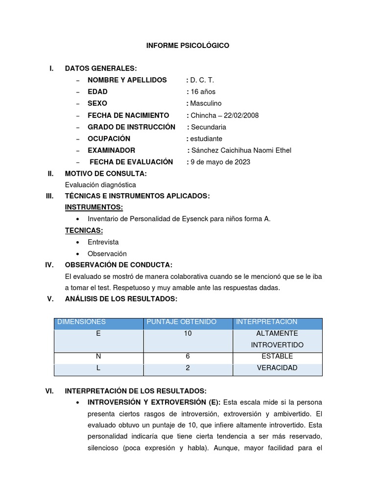 Informe Psicológico - Inventario de Eysenck Forma A | PDF | Sicología ...
