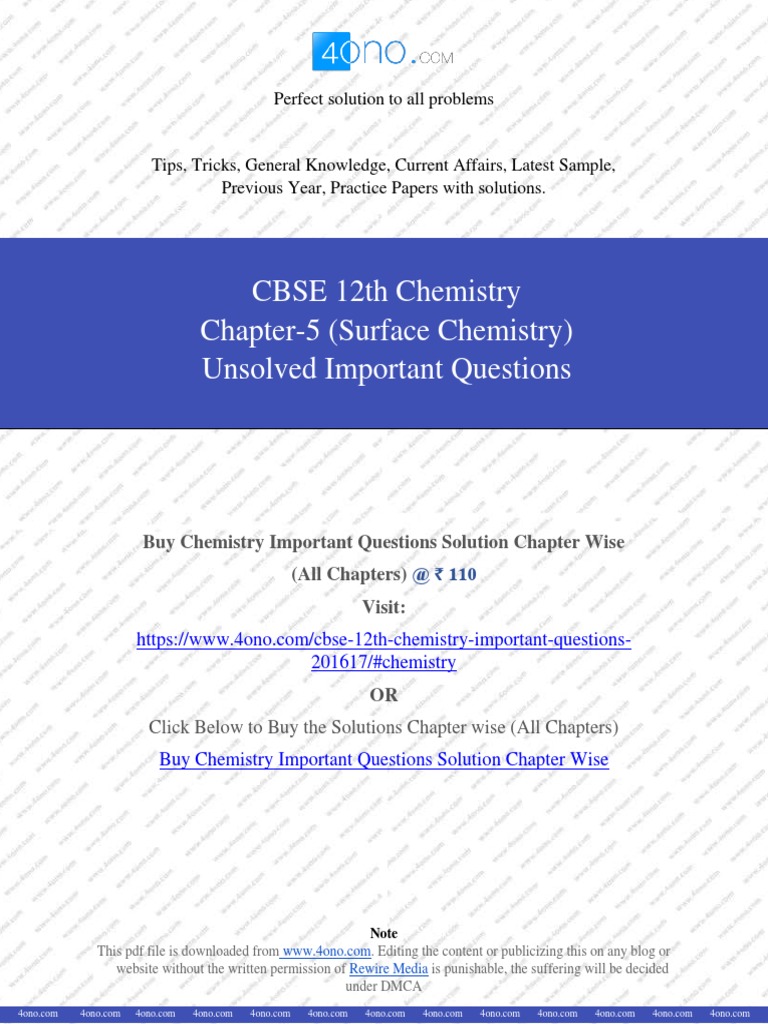 Class 12th Chemistry Chapter 5 (Surface Chemistry) Important Unsolved ...