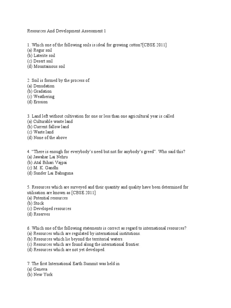 Resources and Development MCQ | PDF