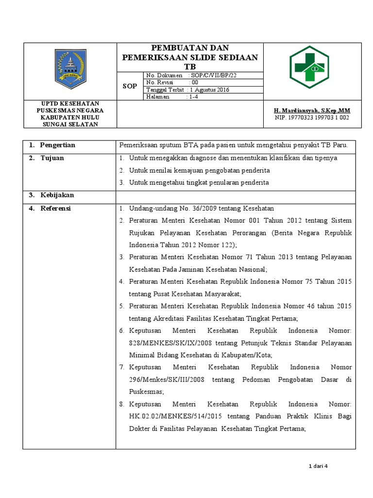 17 SOP Pengambilan Dan Pemeriksaan Slide Sediaan TB | PDF