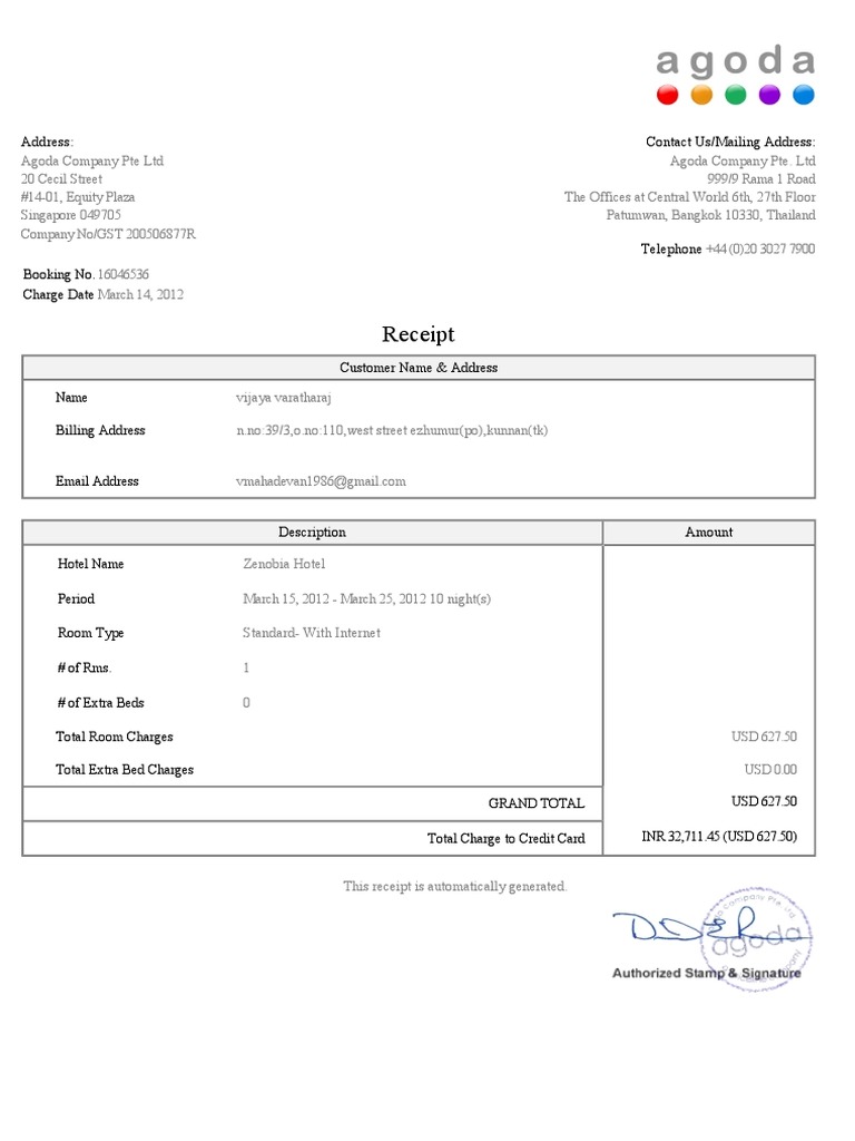 Agoda Booking ID 16046536 - RECEIPT | PDF