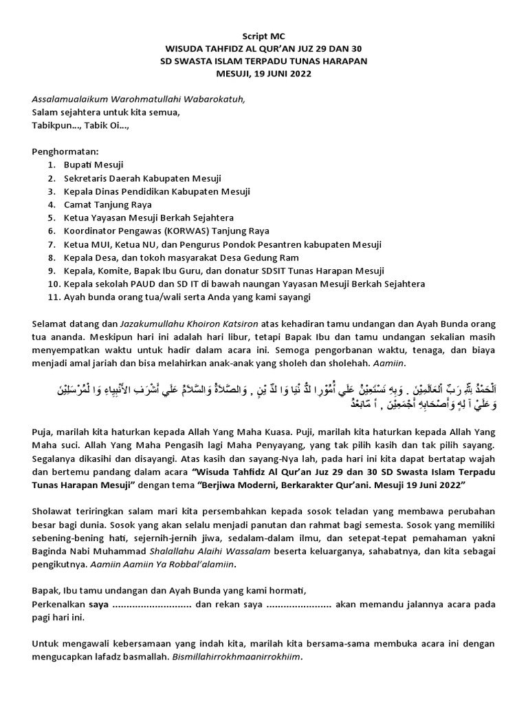 Script MC Wisuda Tahfidz Tunas Harapan Mesuji | PDF