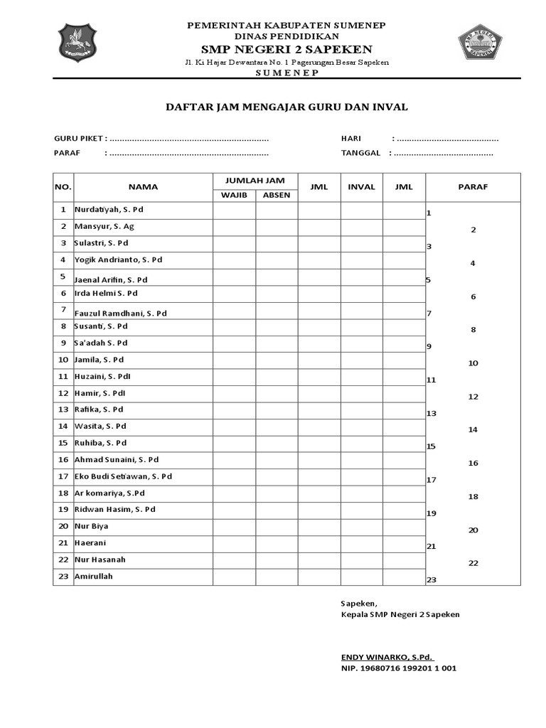 Daftar Jam Mengajar Dan Inval 2023 | PDF