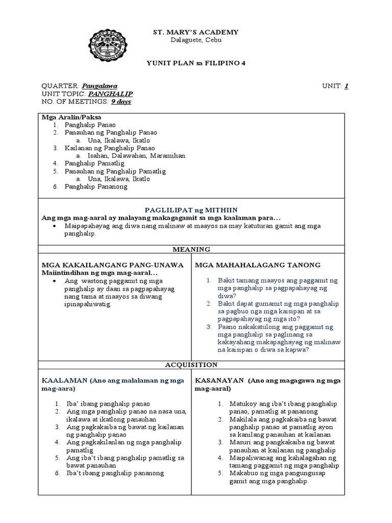 Yunit Plan Sa Filipino 4 (2nd Quarter-Unit1) | PDF