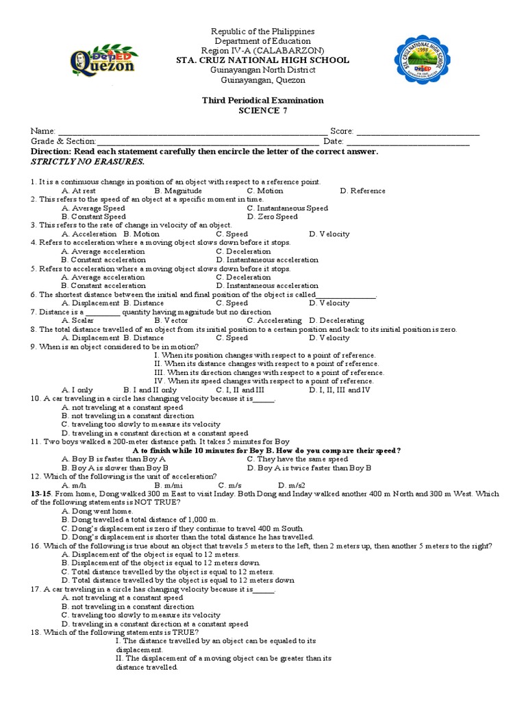 G7 - 3rd Quarterly Exam | PDF | Acceleration | Velocity