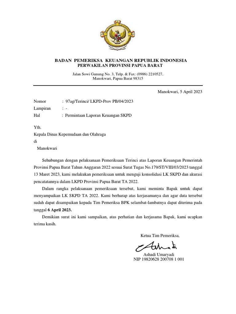 Surat 97ag - Permintaan Laporan Keuangan SKPD | PDF