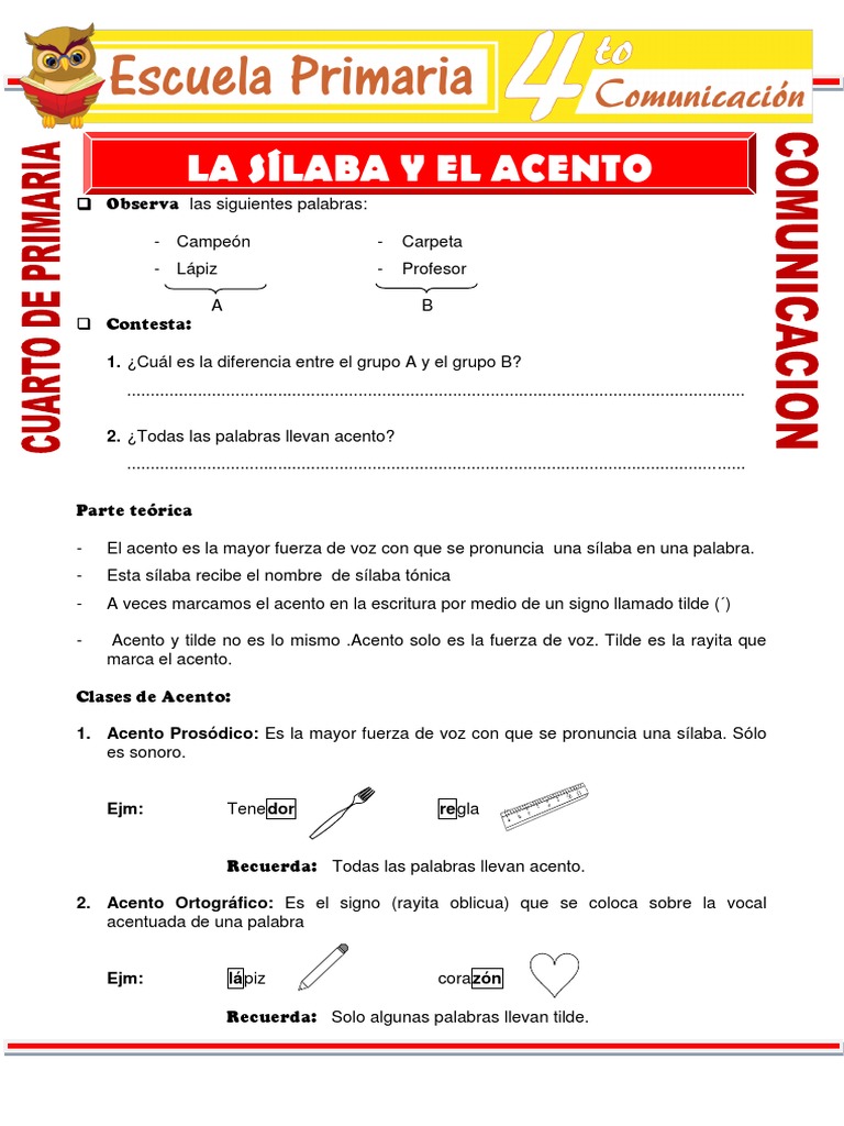 La Silaba y El Acento para Cuarto de Primaria | PDF | Sílaba | Artes ...