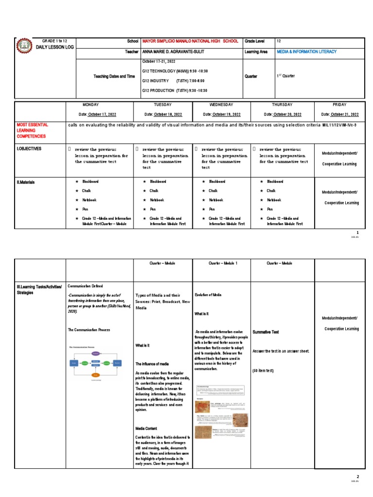 Grade 12 Media Lesson Plan | PDF | Media (Communication) | Mass Media