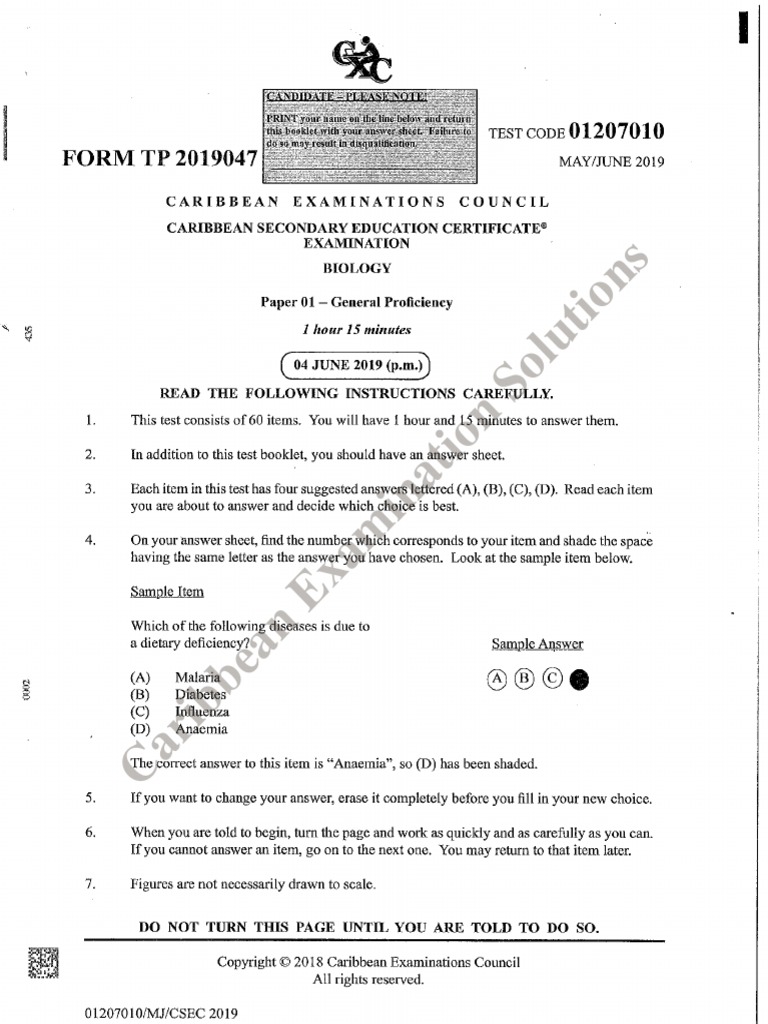CSEC Biology. June. 2019 Paper 1 | PDF