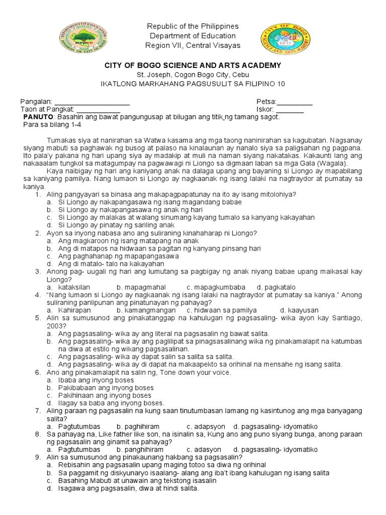 Filipino 10 Periodical Test | PDF