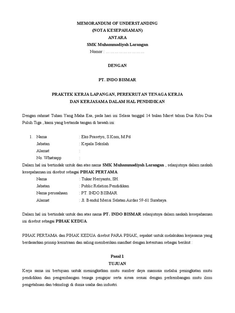 MoU PT. Indo Bismar | PDF