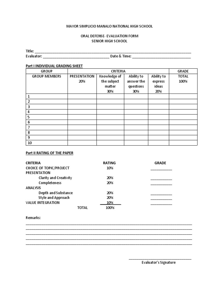 Oral Defense Evaluation Form | PDF